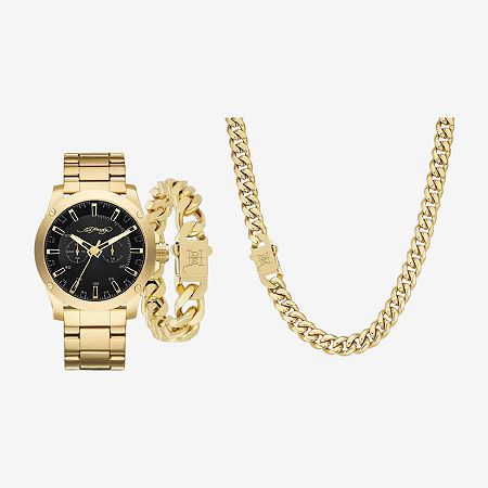 Ed Hardy Mens Shiny Gold-Tone Metal Bracelet Watch 46mm Gift Set - Matte Black  Shiny Gold-Tone