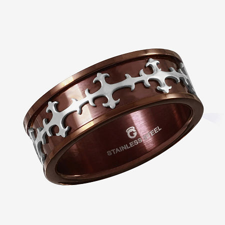 Mens Two-Tone Embellished Ring in Stainless Steel - Brown