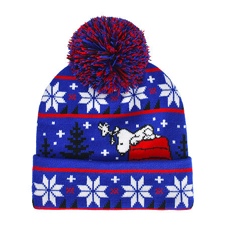 Peanuts Mens Blue Beanie Red House With Snoopy - Blue