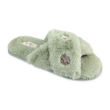 Jessica Simpson Embellished Plush Womens Slip-On Slippers  Medium  Green