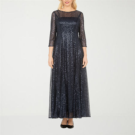 Giovanna Signature Womens Embellished Sequin 3/4 Sleeve Evening Gown  12  Blue