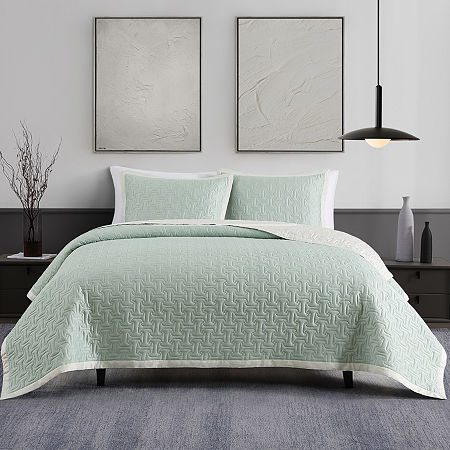 Bebejan 100 Cotton Sateen 3 Piece Textured Quilted Queen Size Coverlet Set - Sage