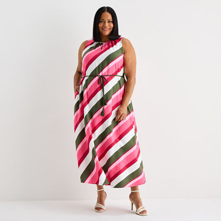 Liz Claiborne Womens Plus Short Sleeve Striped Maxi Dress  2x  Pink