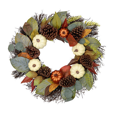 Pumpkin Pinecone and Gourd Artificial Fall Harvest Wreath Unlit  24 - Green