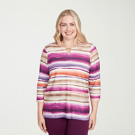 Alfred Dunner Urban Legend Womens Keyhole Neck 3/4 Sleeve T-Shirt  Small  Purple