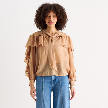 a.n.a Ruffle Womens Split Tie Neck Long Sleeve Blouse  Xx-large  Brown