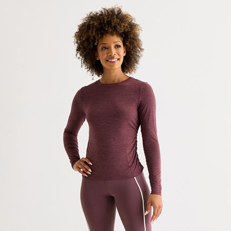 Xersion Womens Everyday Ruched Crew Neck Long Sleeve Quick Dry Active T-Shirt  Medium  Brown