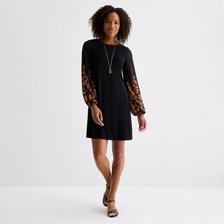 MSK Womens Long Sleeve Floral Shift Dress  Small  Black