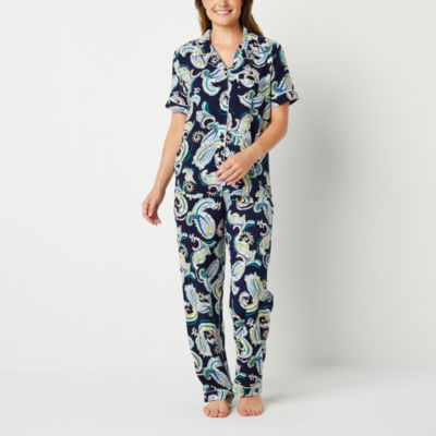 Liz Claiborne Womens Poplin Short Sleeve 2-pc. Pant Pajama Set - JCPenney