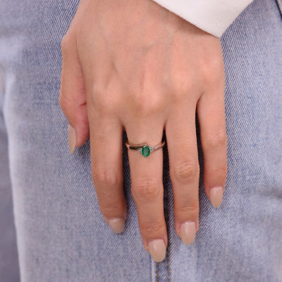 Genuine Emerald and Diamond-Accent Sterling Silver Oval Ring, Color ...