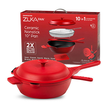 Zuka Everyday Pan 3.25 Qt. Ceramic 10 in 1 Nonstick Multi-Functional Saute Pan with Lid  Nylon Spoon  & Steamer Basket - Red