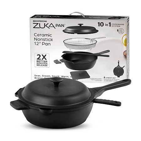 Zuka Everyday Pan 4.25 Qt. Ceramic 10 in 1 Nonstick Multi-Functional Saute Pan with Lid  Nylon Spoon  & Steamer Basket - Black