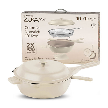Zuka Everyday Pan 3.25 Qt. Ceramic 10 in 1 Nonstick Multi-Functional Saute Pan with Lid  Nylon Spoon  & Steamer Basket - Cream