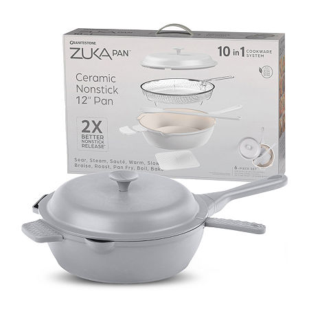 Zuka Everyday Pan 4.25 Qt. Ceramic 10 in 1 Nonstick Multi-Functional Saute Pan with Lid  Nylon Spoon  & Steamer Basket - Grey