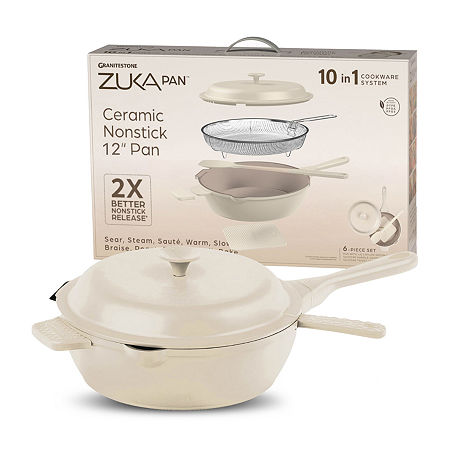 Zuka Everyday Pan 4.25 Qt. Ceramic 10 in 1 Nonstick Multi-Functional Saute Pan with Lid  Nylon Spoon  & Steamer Basket - Cream