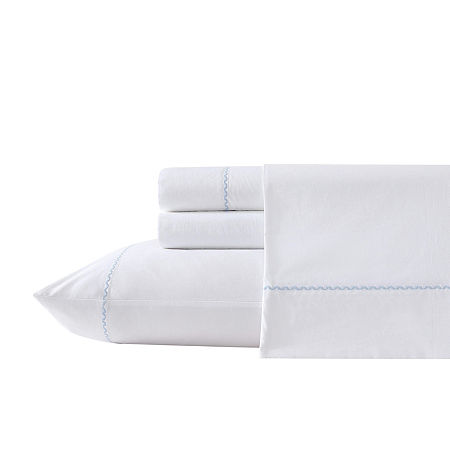 Laura Ashley 200-Thread Count Cotton Percale 4 -Pc. Sheet Set  Full - Blue Cashmere Scallop Embroidered