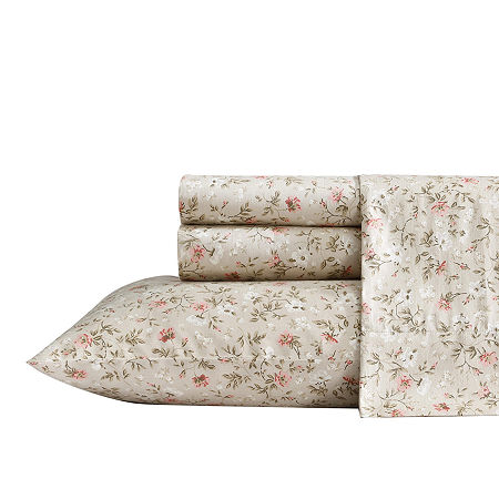 Closeout! Laura Ashley 300 Thread Count Cotton Sateen 4-Pc. Sheet Set  Queen - Toasted Beige/Pink