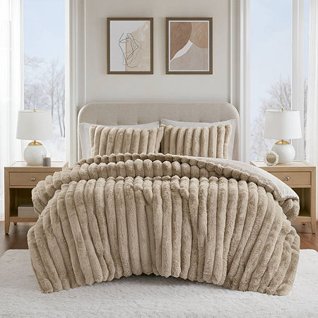 Madison Park Jasmine Faux Fur Reverse to Velvet 3-Pc. Comforter Set  Full/Queen - Taupe