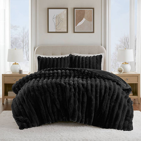 Madison Park Jasmine Faux Fur Reverse to Velvet 3-Pc. Comforter Set  Full/Queen - Black