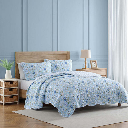 Laura Ashley Peony Garden Reversible 3 Piece Quilt Set  King - Light Blue/Green