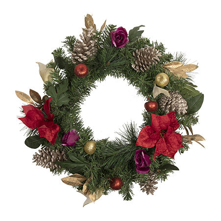 Northlight Poinsettia And Rose Wreath  One Size  Red