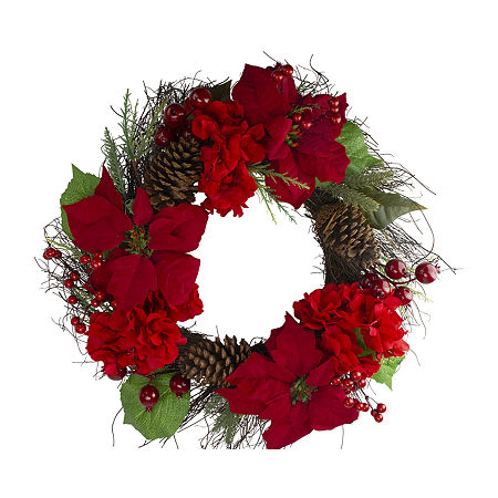 Northlight Unlit Flowers with Berries Artificial Christmas Wreath - Red