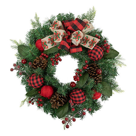 Pine Artificial Christmas Wreath with Bows and Plaid Ornaments 24 Unlit - Green