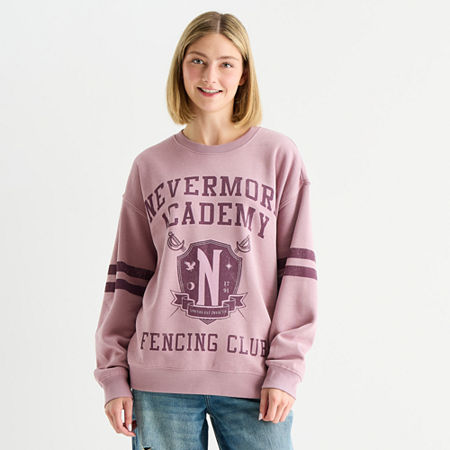 New World Nevermore Fencing Club Crew Womens Juniors Crew Neck Long Sleeve Wednesday Addams Sweatshirt  Large  Purple