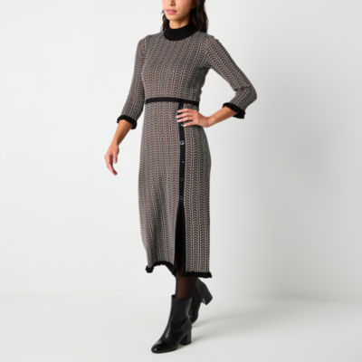 Studio 1 Womens 3/4 Sleeve Midi Sweater Dress, Color: Black Taupe White ...