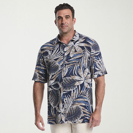 Cubavera Mens Big & Tall Pointillism Tropical Print Button Down Shirt - Dress Blue