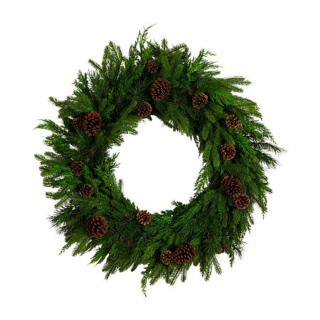 Nearly Natural 30 Artificial Norfolk Pine Wreath with Pinecones - Green