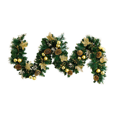 Nearly Natural 9 Pre-Lit Artificial Golden Frosted Christmas Garland Led Lights Pinecones and Ornaments - Green