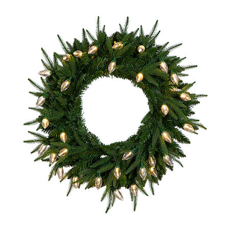 Nearly Natural 24 Pre-Lit Artificial Luxembourg Pine Christmas Wreath Bulb Led Lights - Green