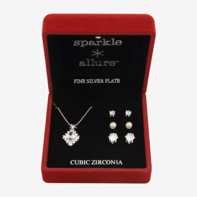 Sparkle Allure Light Up Box Cluster 4 pc. Simulated Pearl Pure Silver Over Brass Oval Jewelry Set
