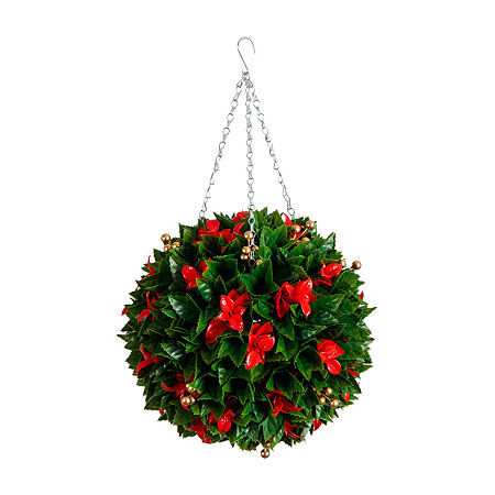 Nearly Natural 15 Uv Resistant Artificial Tip Photinia Christmas Hanging Ball Indoor and Outdoor - Green  Red