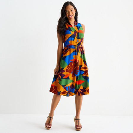 Sandra Darren Womens Printed Drawstring Midi Shirtdress - Multi