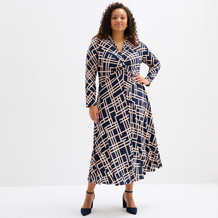 Click here for Melonie T Womens Plus 3/4 Sleeve Geometric Midi Fi... prices