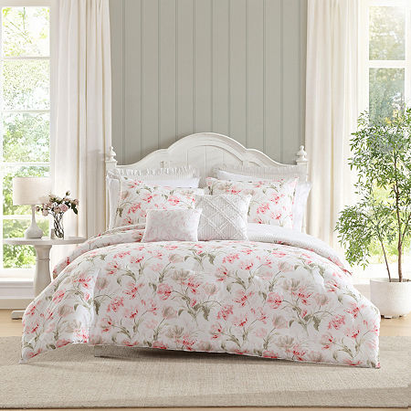 Laura Ashley Gosford Cotton 5-Pc. Comforter Bonus Set  Twin - Petal Pink  Cream