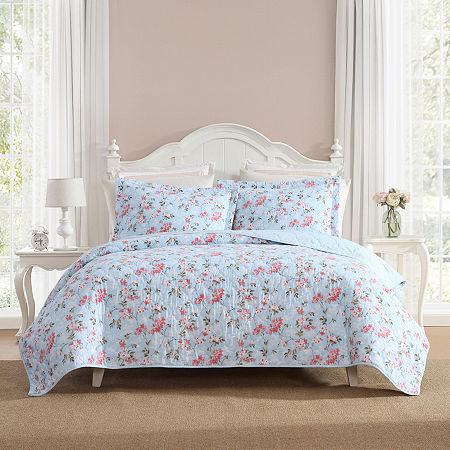 Laura Ashley Blissful Dream Cotton 3-Pc. Quilt Set  King - Blue  Pink
