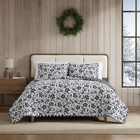 Eddie Bauer Woodblock Floral Flannel Cotton Reversible 3-Pc. Quilt Set  King - White  Black