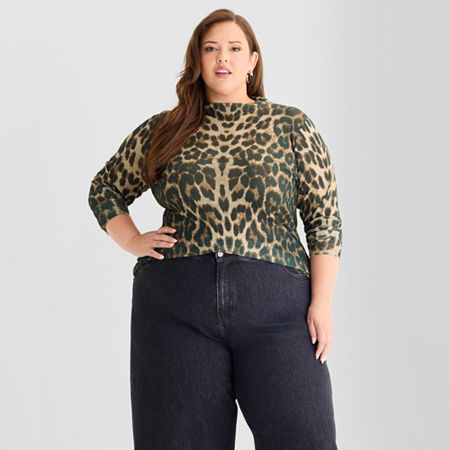 Click here for Ashley Graham Mesh Print Womens Plus Mock Neck Lon... prices