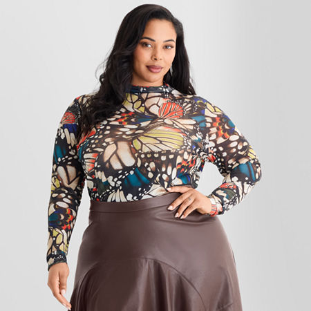 Click here for Ashley Graham Mesh Print Womens Plus Mock Neck Lon... prices