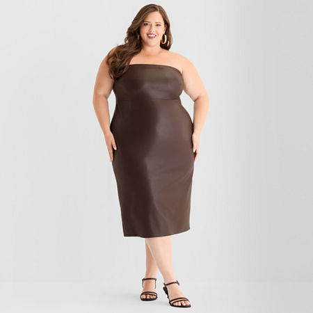 Click here for Ashley Graham Womens Plus Sleeveless Midi Faux Lea... prices