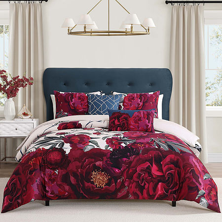 Bebejan Zinnia Bedding 100 Cotton Sateen 5 Piece Queen Size Reversible Comforter Set - Red