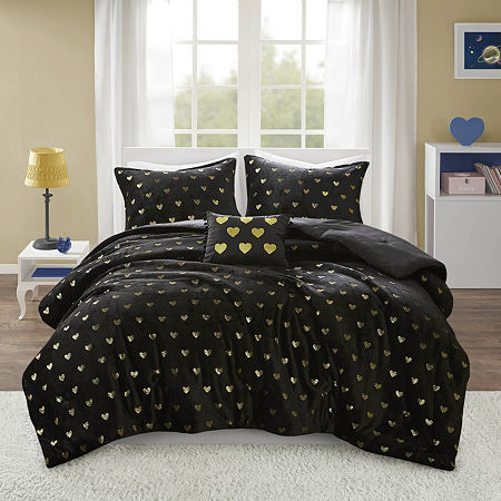 Intelligent Design Rosalie Metallic Heart 4-Pc. Comforter Set  Full/Queen - Black/Gold