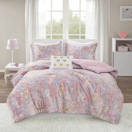 Intelligent Design Rosalie Metallic Heart 4-Pc. Comforter Set  Full/Queen - Pink Multi/Gold