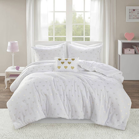 Intelligent Design Rosalie Metallic Heart 4-Pc. Comforter Set  Full/Queen - White/Gold