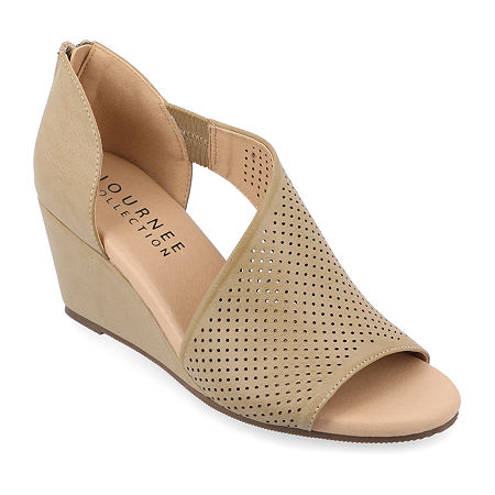 Journee Collection Womens Aretha Perforated Peep Toe Wedge Sandals - Taupe