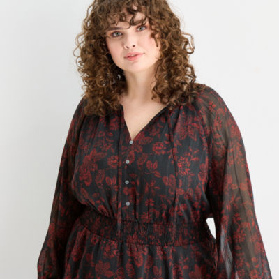 Frye and Co. Womens Plus Long Sleeve Empire Waist Dress, Color: Black ...