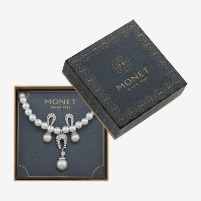 Monet® Simulated Pearl Crystal Double Drop Earring and Necklace Boxed ...